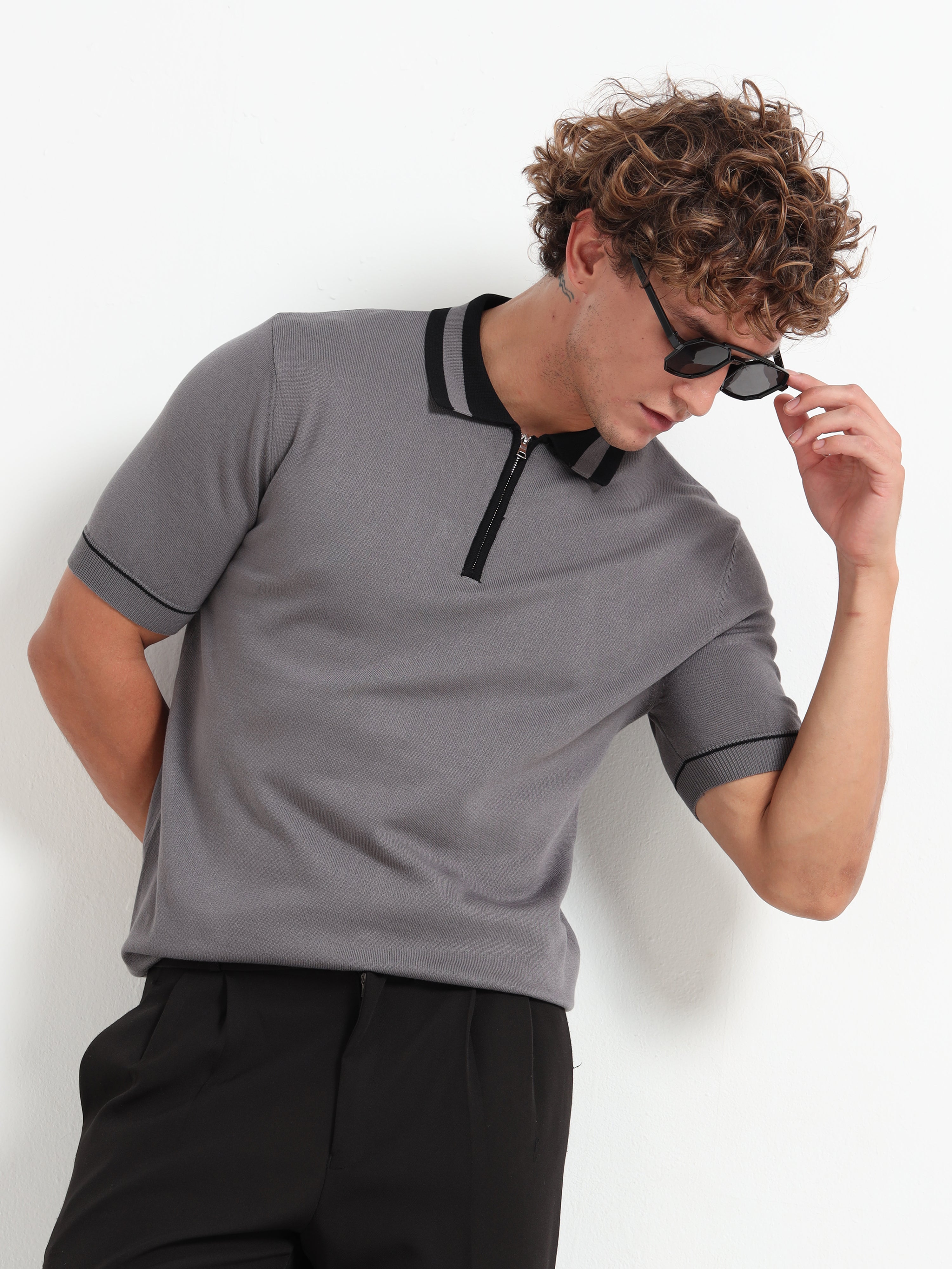 Premium Knitted Polo T-Shirt - Gray – DAVIDO LONDON