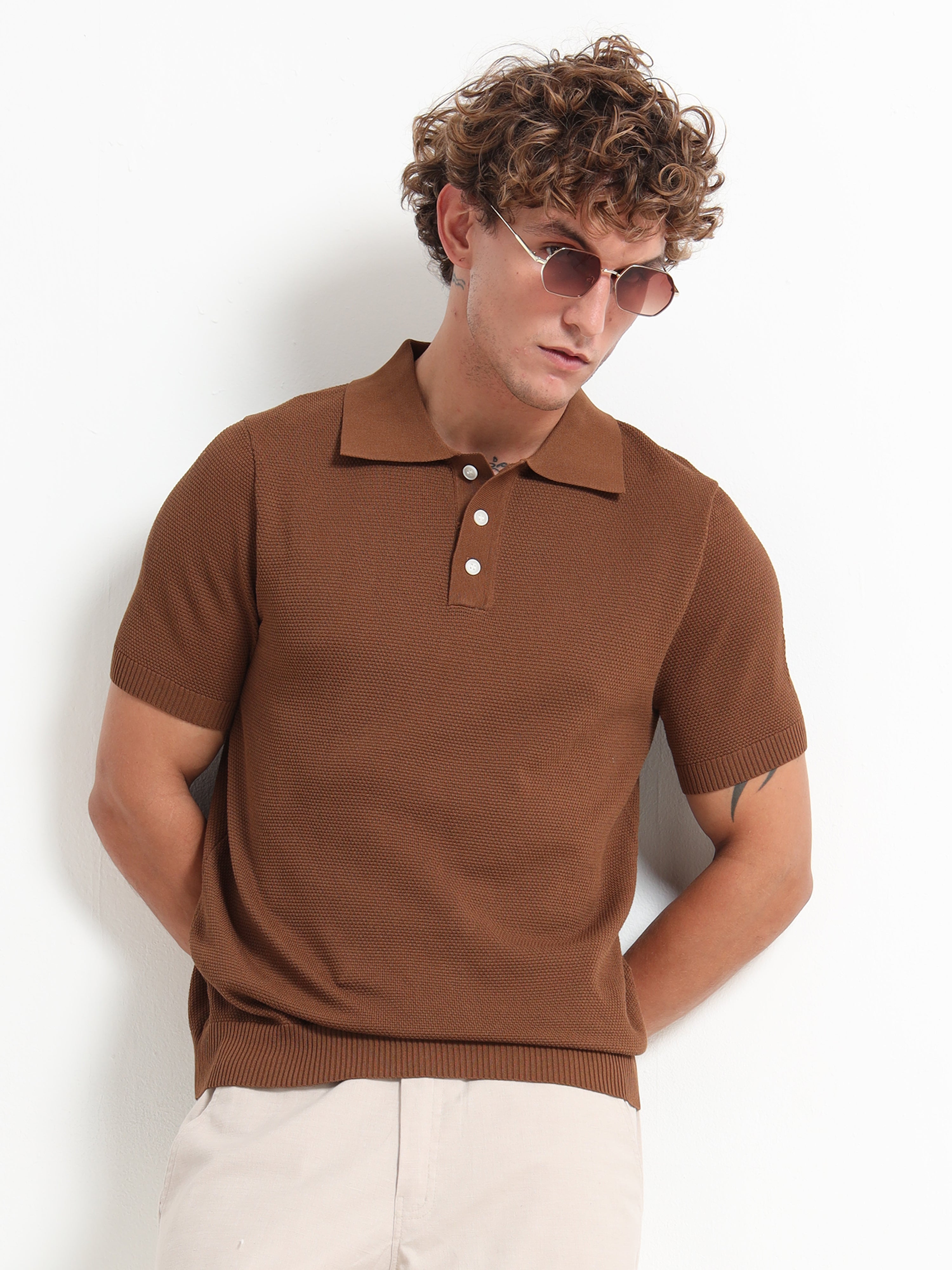 Classic Textured Knitted Polo T-Shirt – Coffee – DAVIDO LONDON